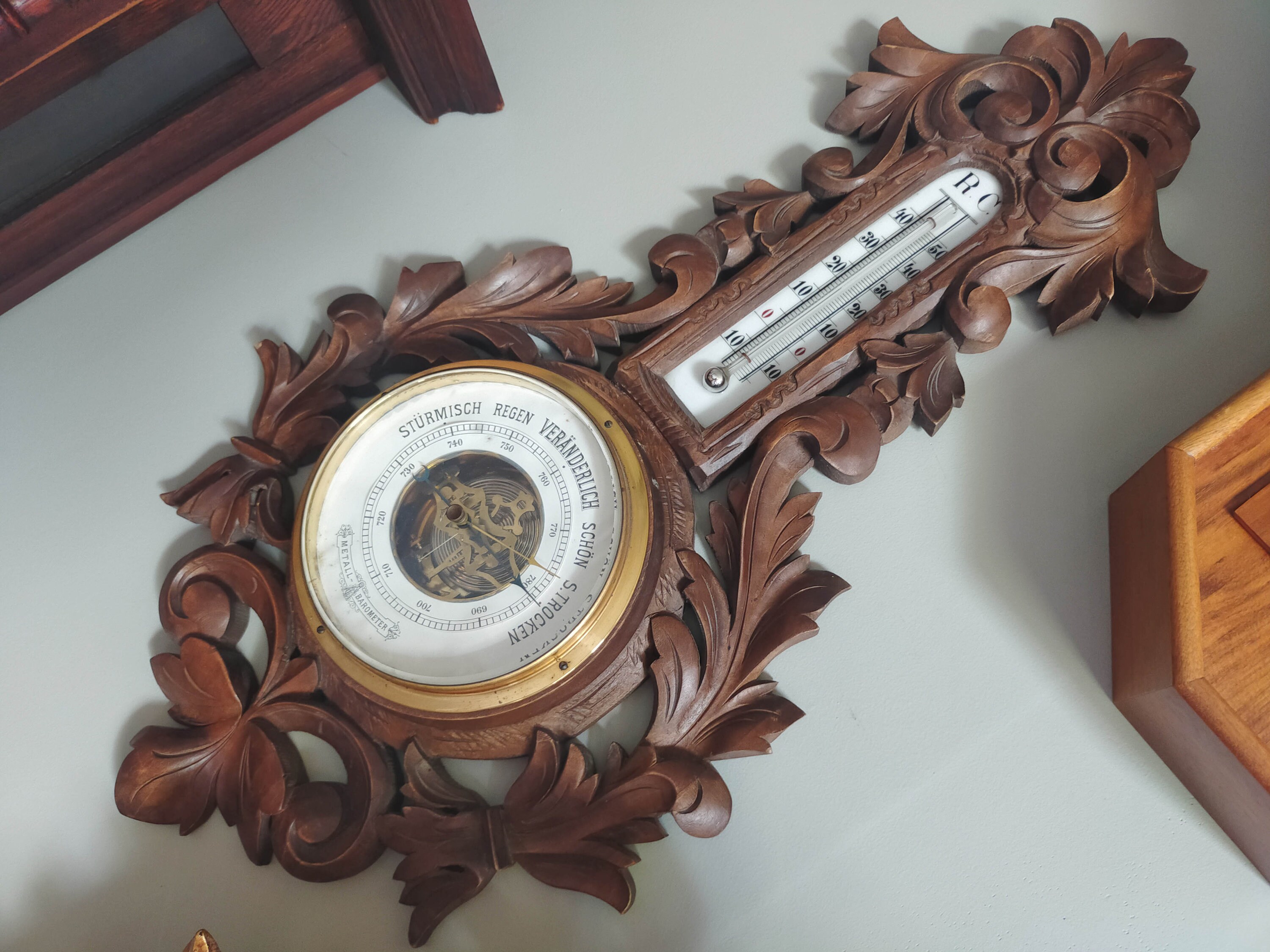 Vintage Wall Barometer Thermometer Carved Wood 1950s 57 X 30 Cm German ...