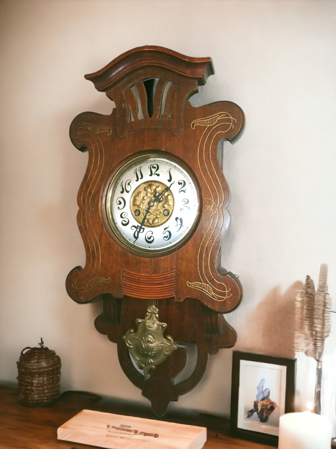 Art Nouveau Wall Clock With Pendulum | Ornate Grandpa Wooden Clock With ...