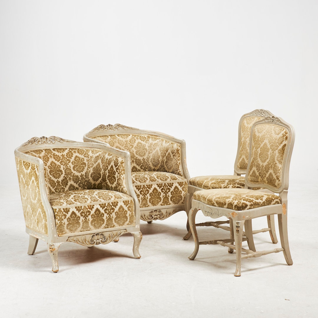 French Louis XV Rococo Style Lounge Chair Settee Bergere and Chair Set ...