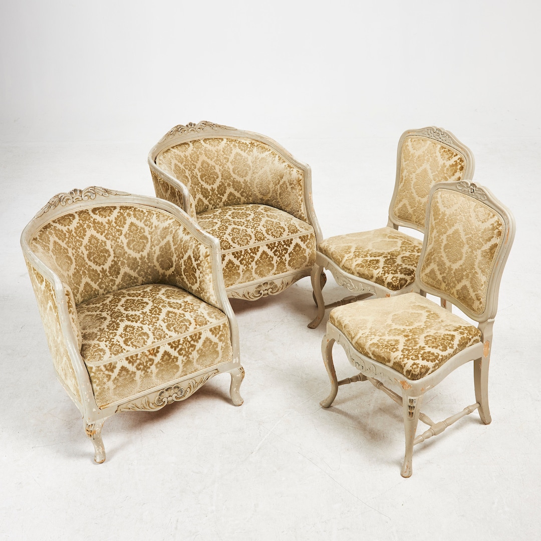 French Louis XV Rococo Style Lounge Chair Settee Bergere and Chair Set ...