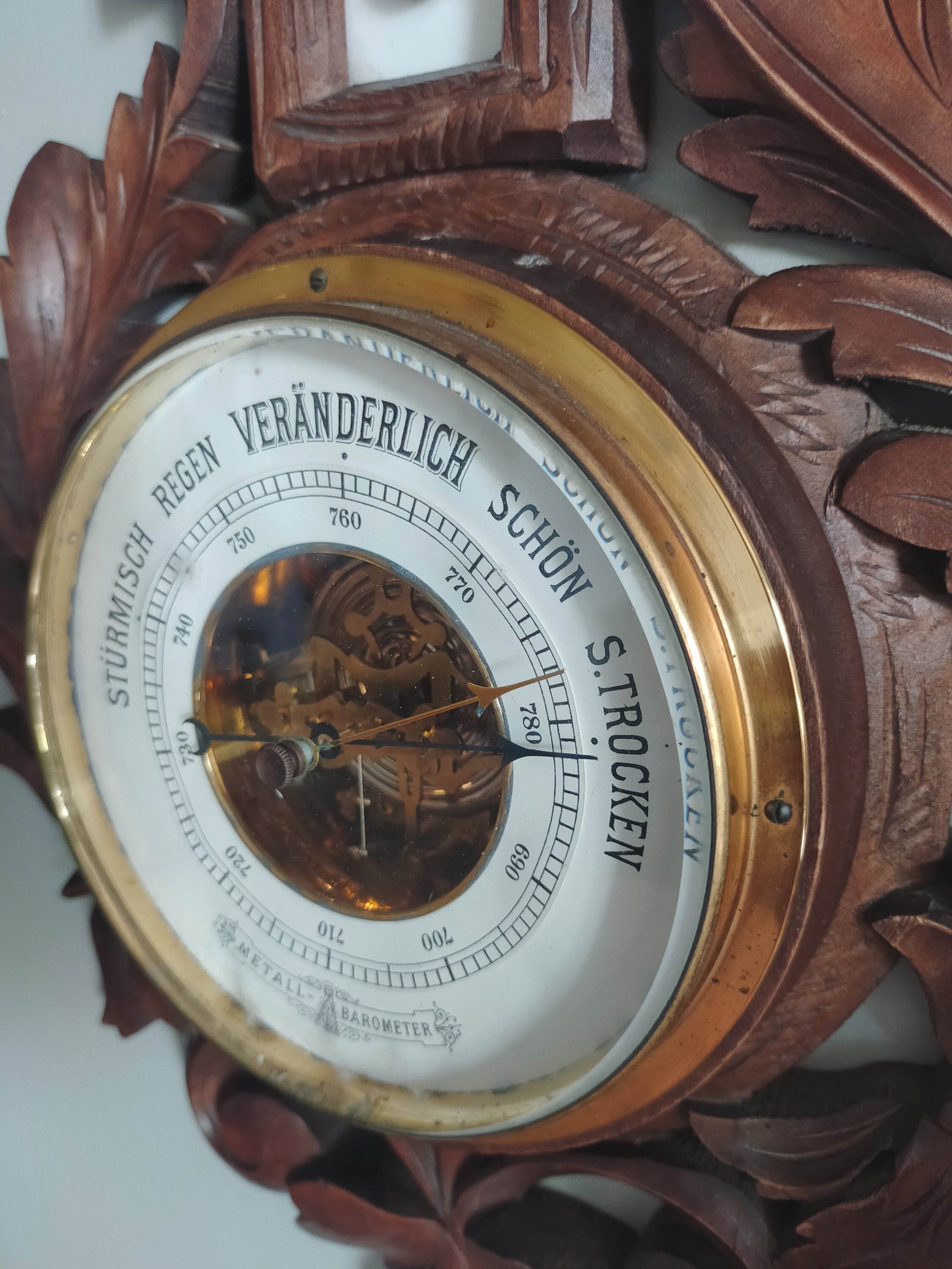 Vintage Wall Barometer Thermometer Carved Wood 1950s 57 X 30 Cm German ...