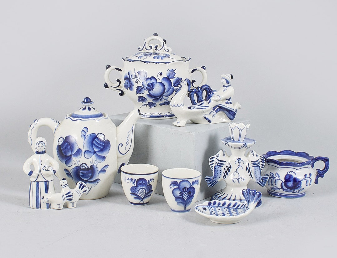 Cobalt Soviet Vintage Set of 9 Pcs Gzhel Porcelain Gzhel Painting Mid ...