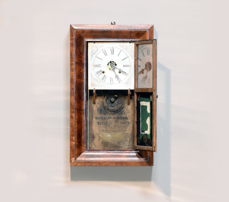 Antique Waterbury Wall Clock 1860s Rectangular W/ Pendulum, Weights and ...