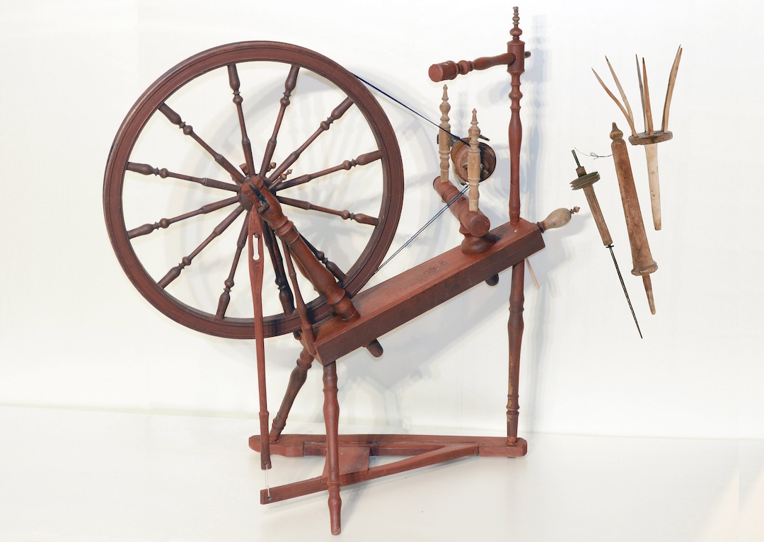 Made in 1850 Antique Folk Art Spinning Wheel | Shuttle | Spindle ...