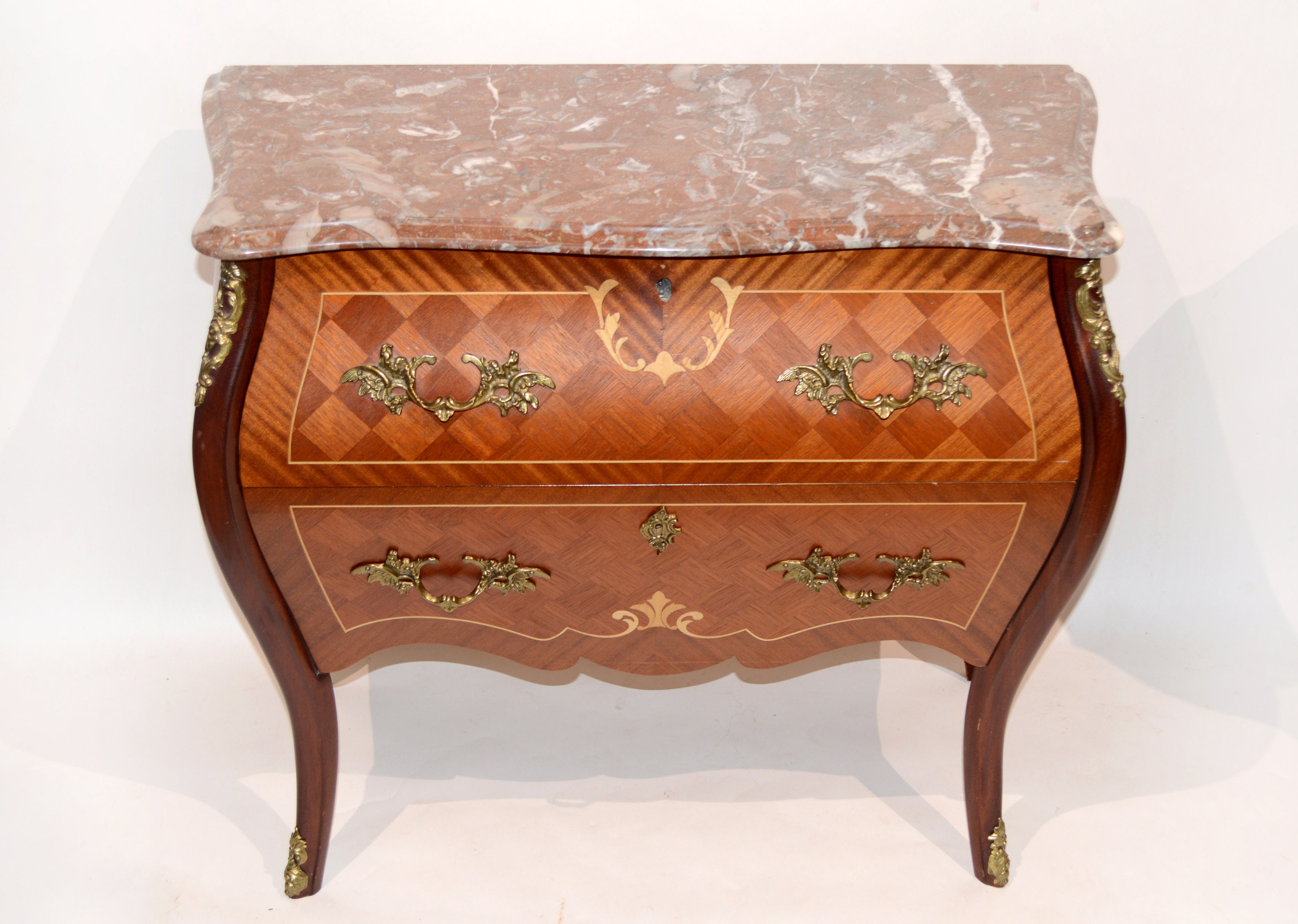 Rococo Two Drawer Marquetry Inlaid Kingwood Vintage Marble Top Hall ...