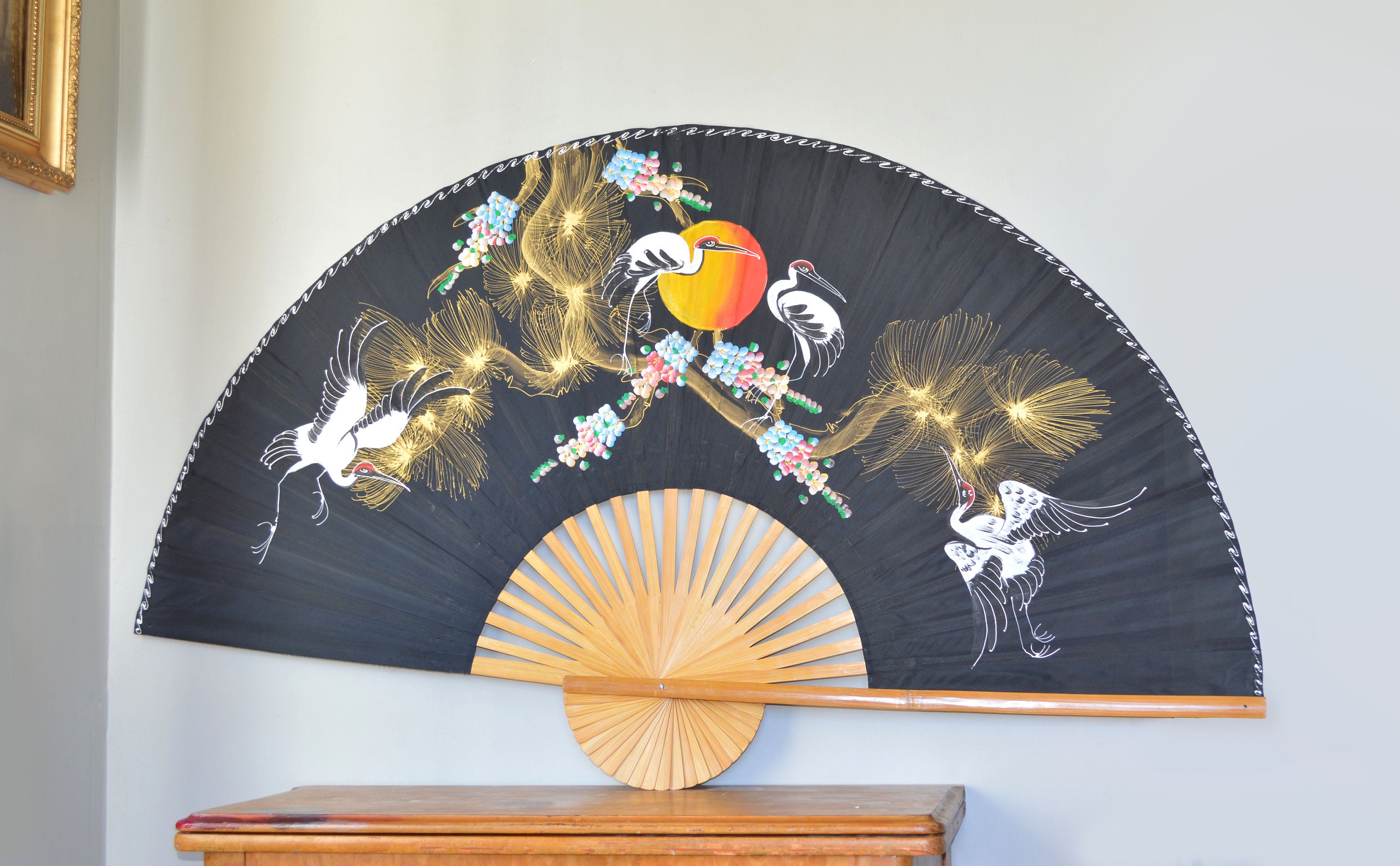 Vintage Large Asian Wall Fan Decor 150 Cm X 89 Cm Bamboo Fan Wall Decor ...