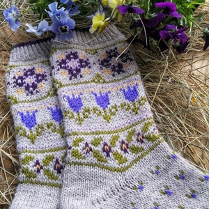 Hand Knitted Spring Flower Socks, Tweed Yarn - Etsy
