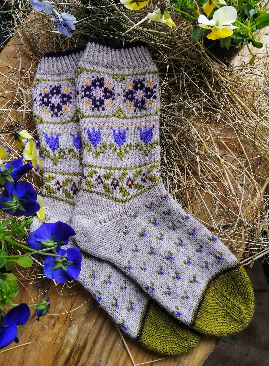 Hand Knitted Spring Flower Socks, Tweed Yarn - Etsy