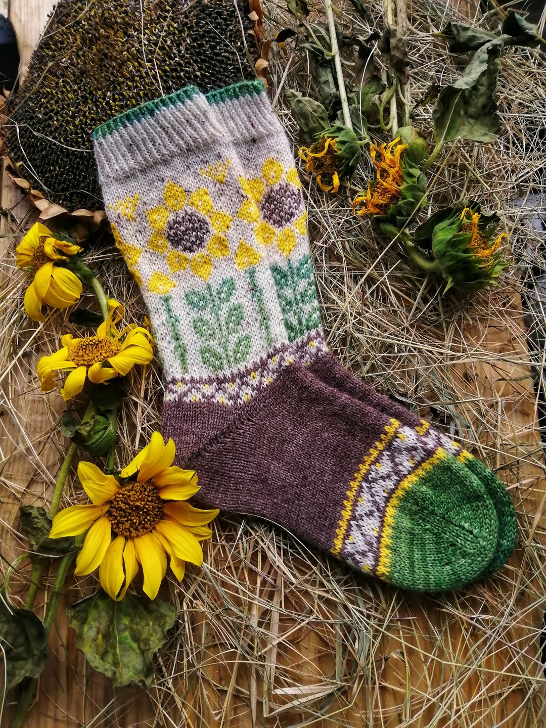 Hand Knitted Sunflower Socks, Tweed Yarn - Etsy