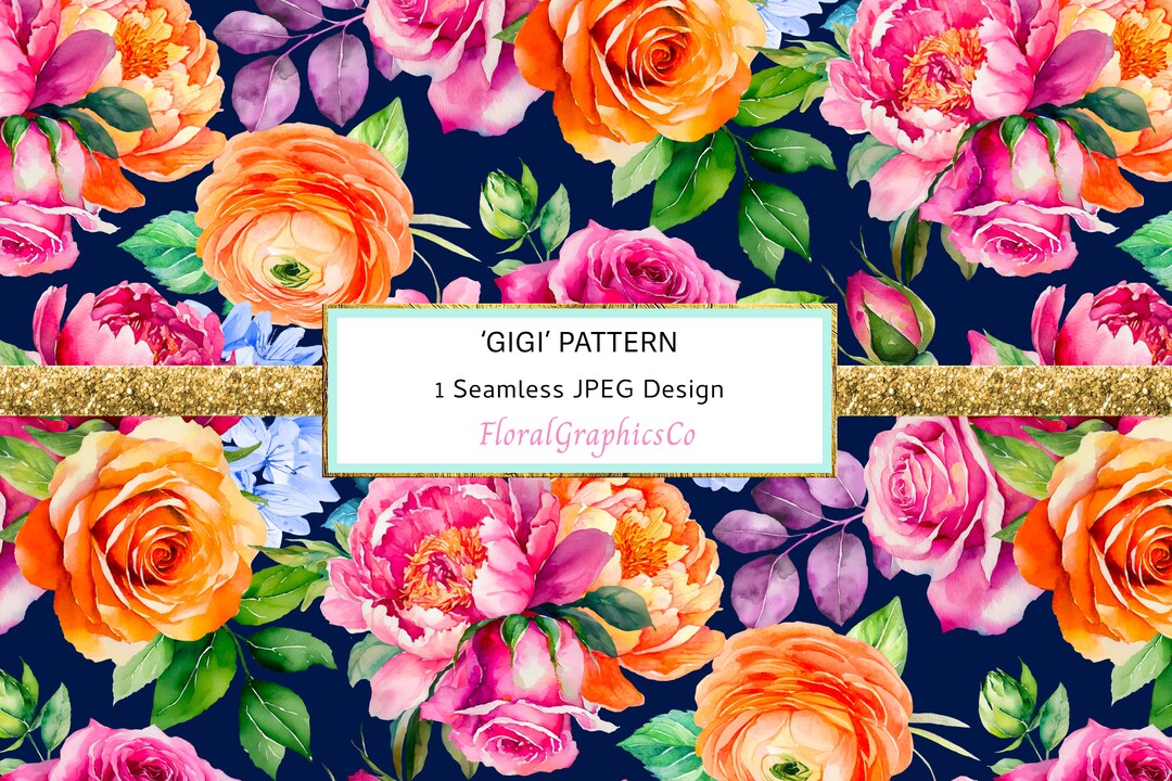 Watercolor Floral Digital Paper, Rose Pattern, Peony Pattern, Pink and Navy, Pink and Orange ...