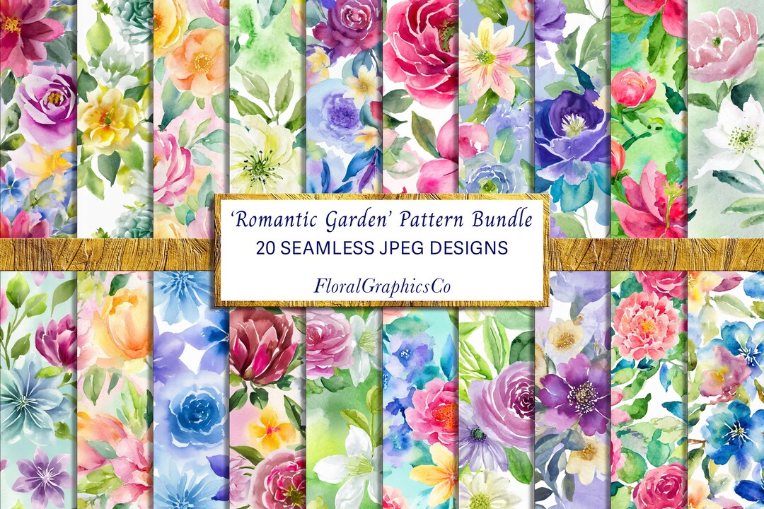 Romantic Garden Floral Pattern Bundle, Soft Watercolour Floral Patterns ...