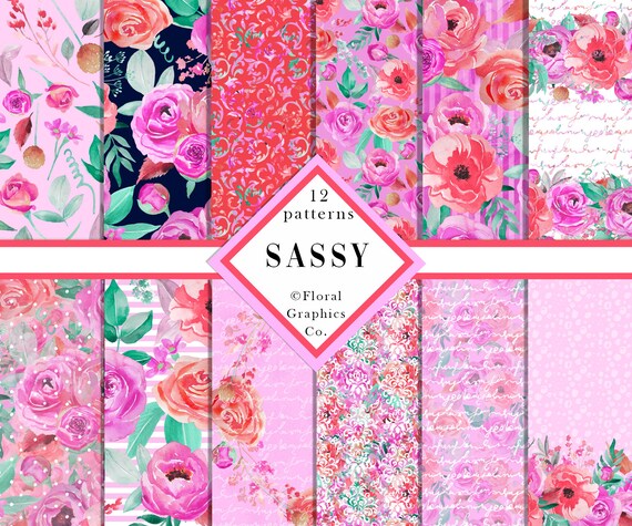 Watercolor Floral Digital Paper Seamless Patterns Pink Red | Etsy