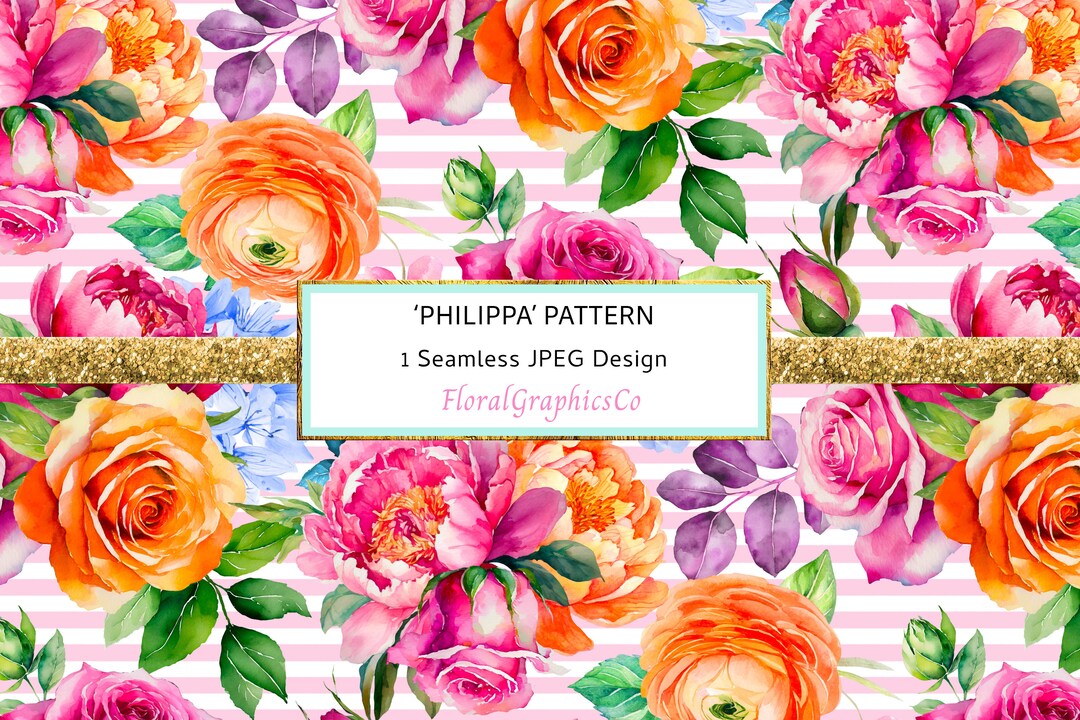 Pink Floral Stripes Digital Pattern Summer Floral Design Repeat