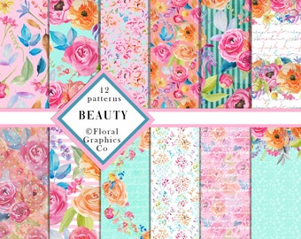 Watercolor Floral Digital Paper Seamless Patterns Pink | Etsy