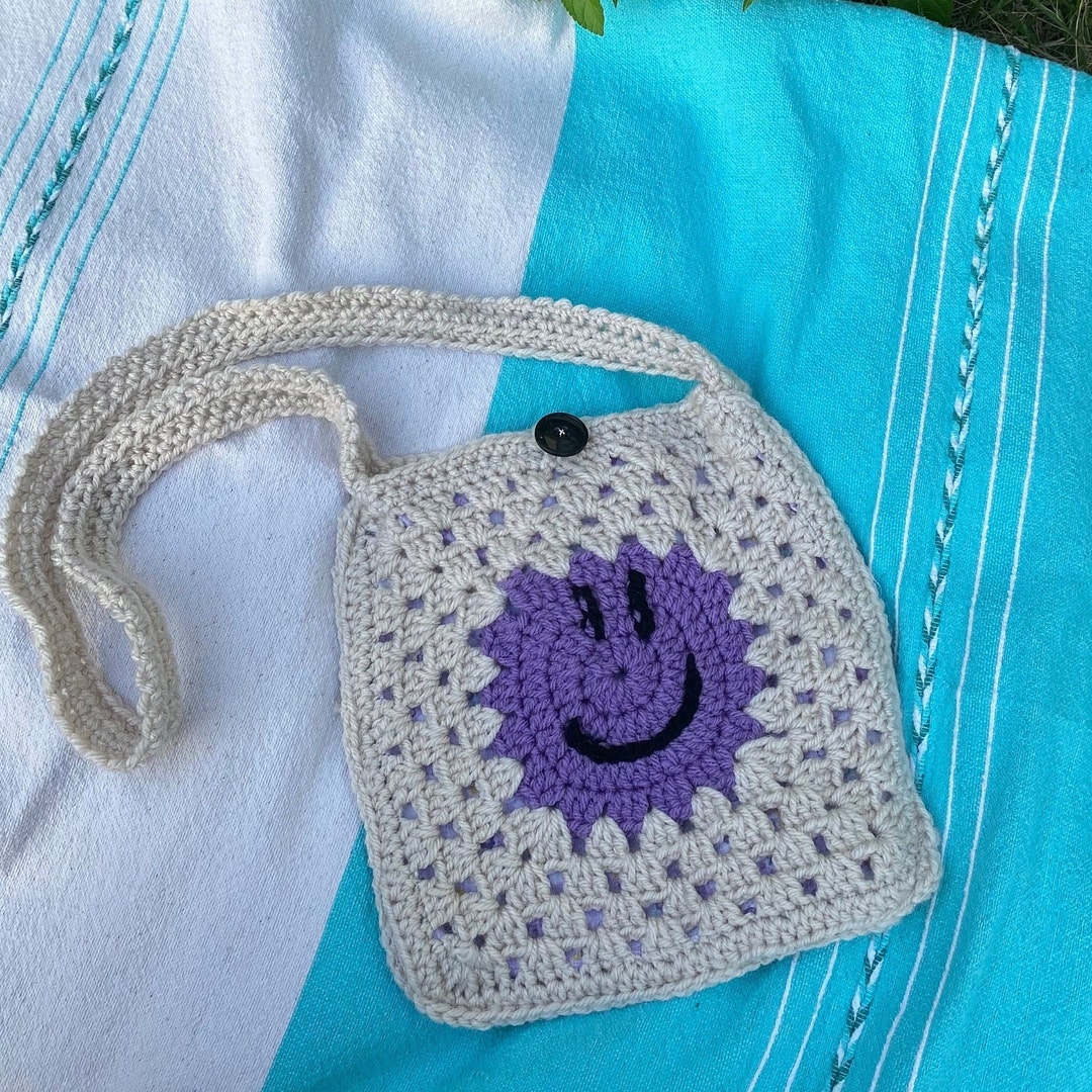 Crochet Smiley Face Bag, Smiley Tote Bag Crochet, Tote Bag Handmade ...