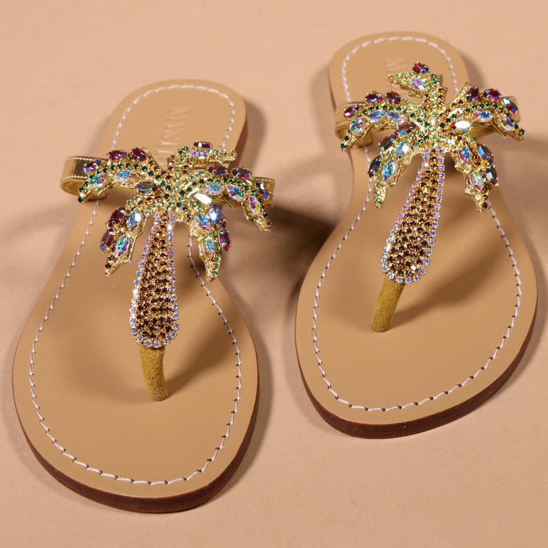 Handmade Jeweled Leather Sandals/ Palm Tree Rhinestone Sandals ...