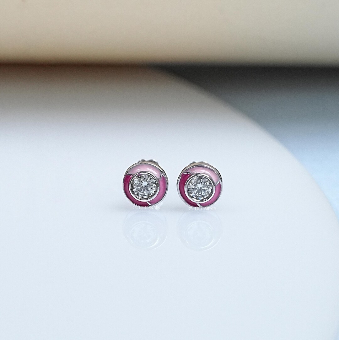 Pink Color Enamel Baby Stud Earrings, EF-VS Clarity Lab Grown Diamond ...