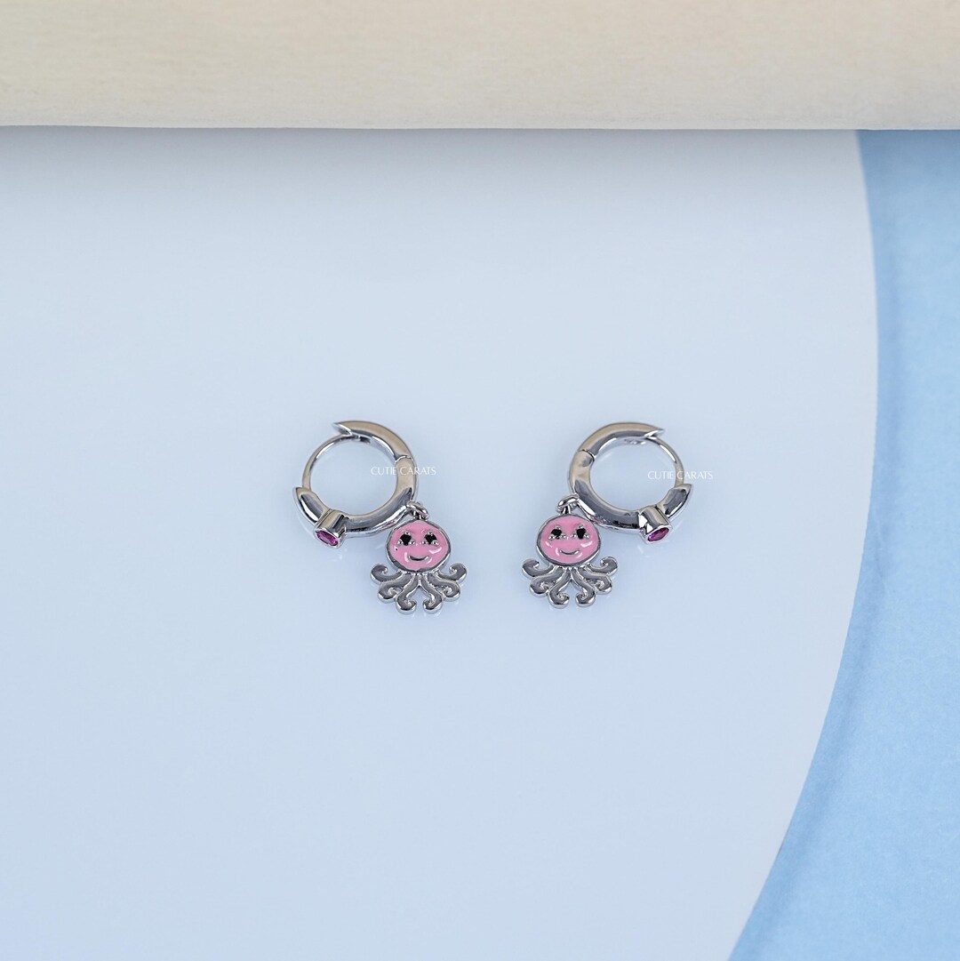 Buy Pink Round Gemstone Octopus Earrings for Kids, Prong Set Black ...
