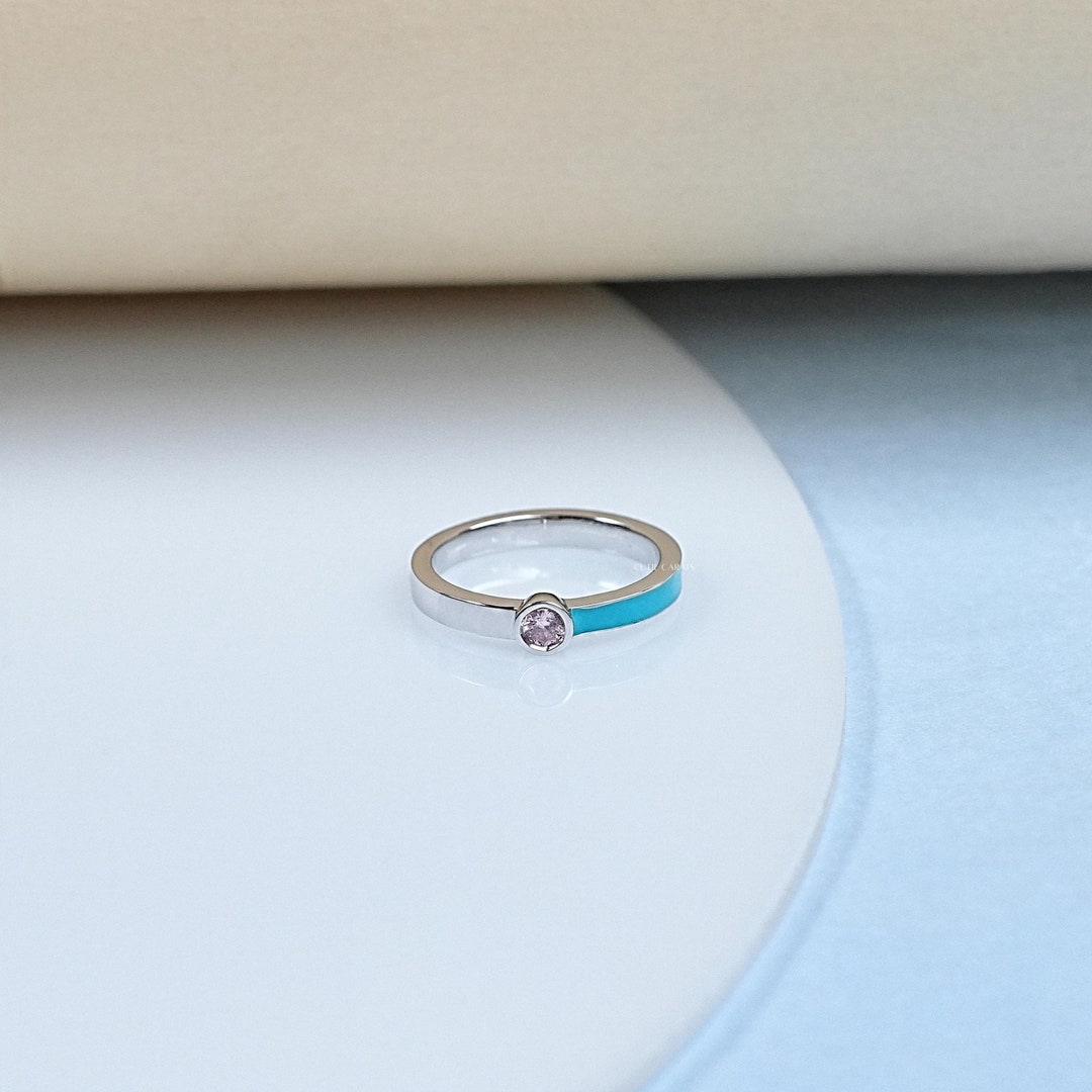Pink Gemstone Solitaire Ring, Sky Blue Enamel Ring for Baby Girl ...