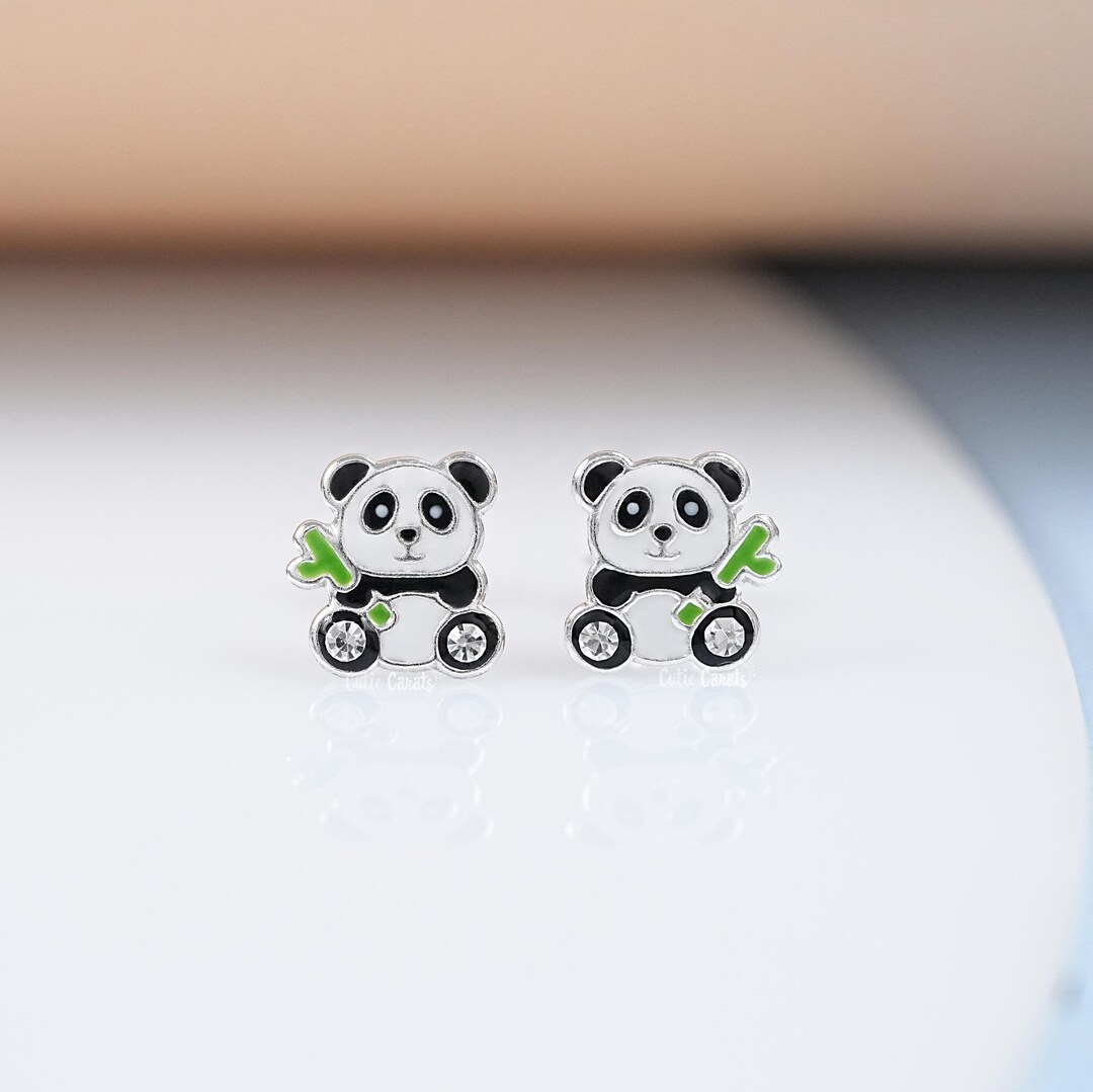 Simulated Diamond Enamel Panda Stud Earrings, Dainty Panda Jewelry for ...