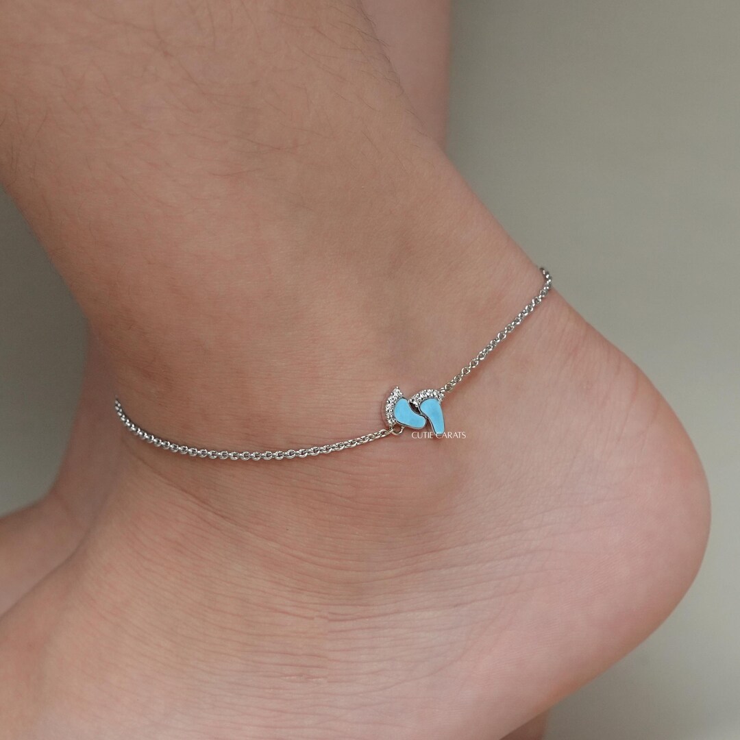 Blue Enamel Baby Footprint Anklet, EF-VS Clarity Lab Grown Diamond Baby ...
