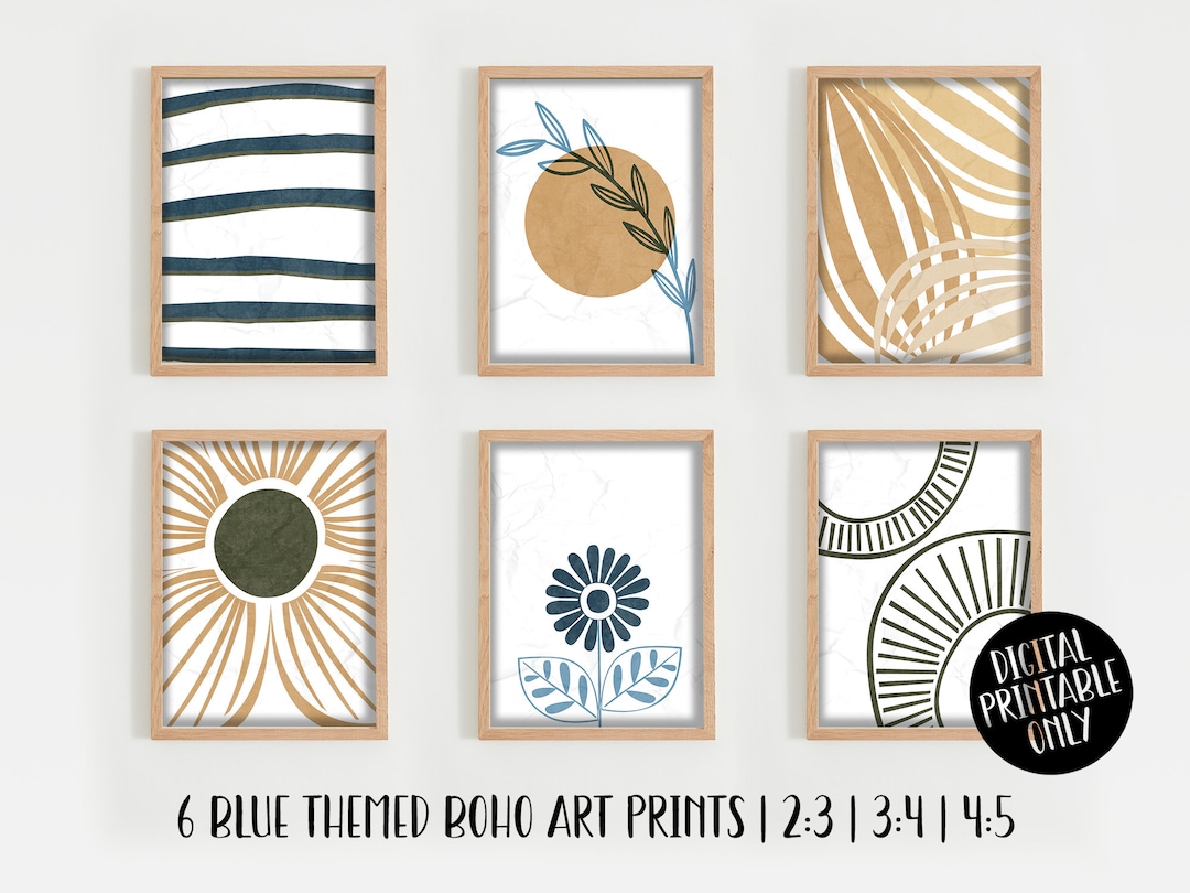 Blue Boho Wall Art Set of 6 Printable Boho Art, Room Decor, Blue Flower ...