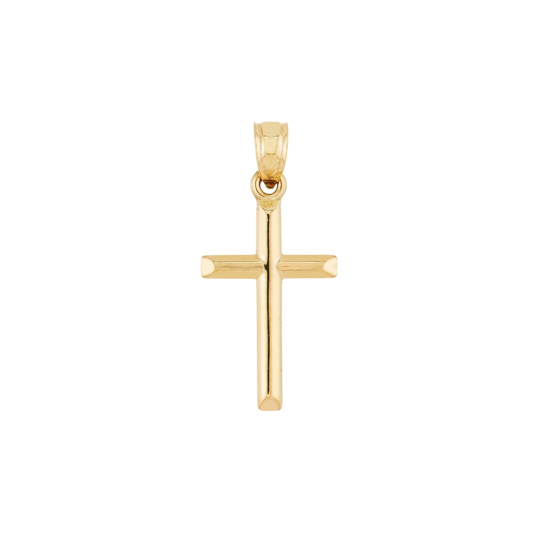 14K Yellow Gold Cross Pendant Basic High Polished Bar Necklace Charm 0. ...