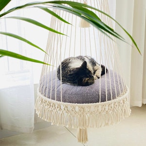 Handwoven Hanging Macrame Cat Bed With Round Cushion - Hanging Macrame ...