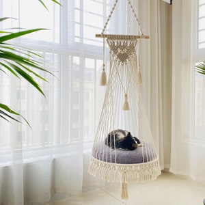 Handwoven Hanging Macrame Cat Bed With Round Cushion - Hanging Macrame ...