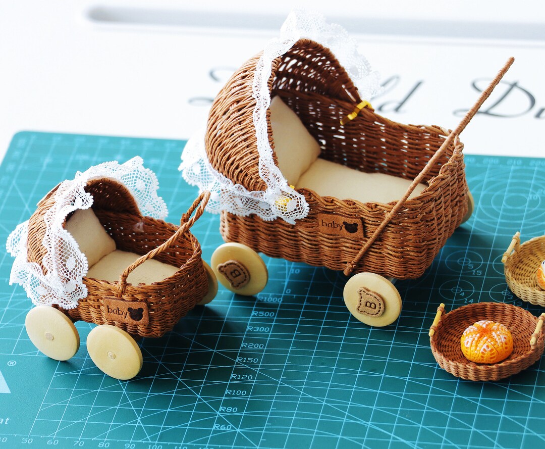 Exclusive Rattan Miniature Doll Baby Stroller, Miniature Baby Carriage ...