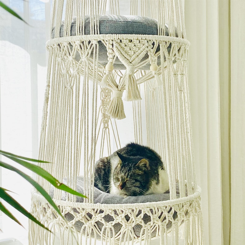 2 Floors Macrame Hanging Cat Hammock for Cat Lovers 2 Tier - Etsy