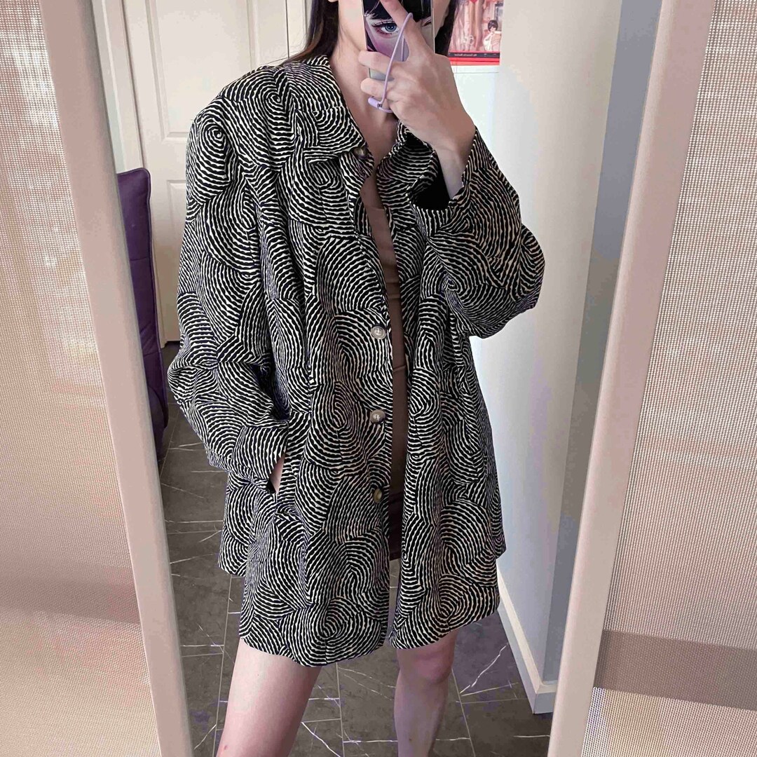 Oversized Crazy Pattern Coat / Vintage Van Gogh Jacket / 90s Black Cream Beige Overcoat ...