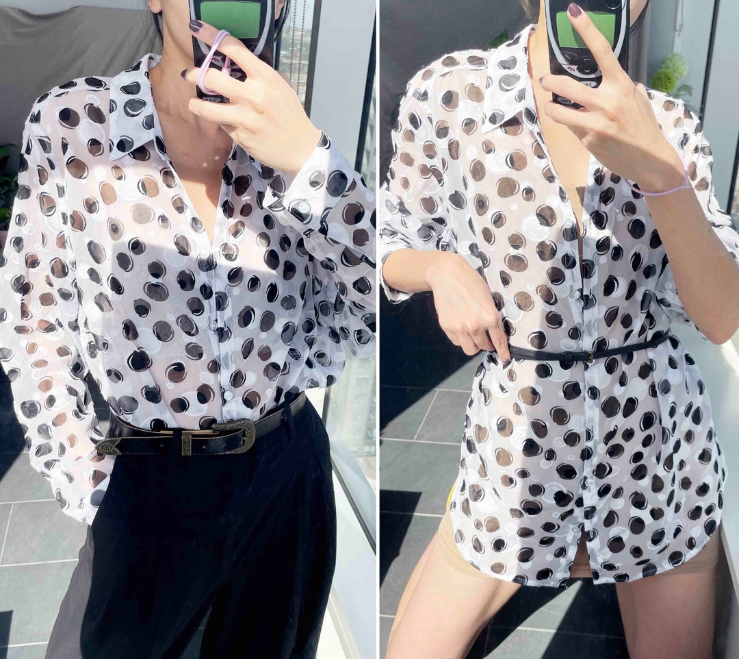 Vintage Oversized Mesh Shirt / 90s Y2K Boxy Polka Dots Sheer Blouse ...