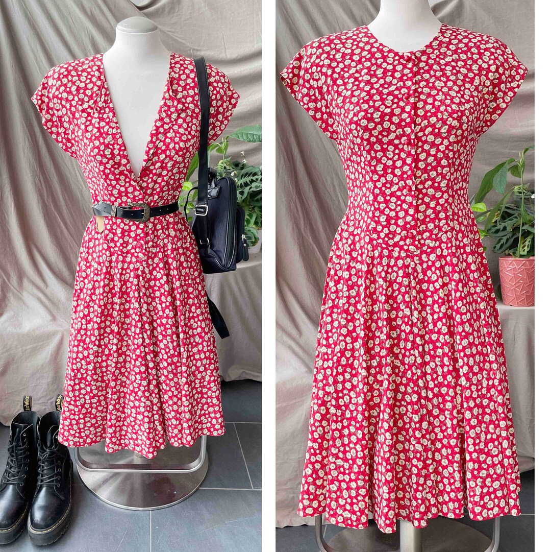 Large / Vintage Red White Floral Dress / 90s Retro Red Midi Dress / 80s ...