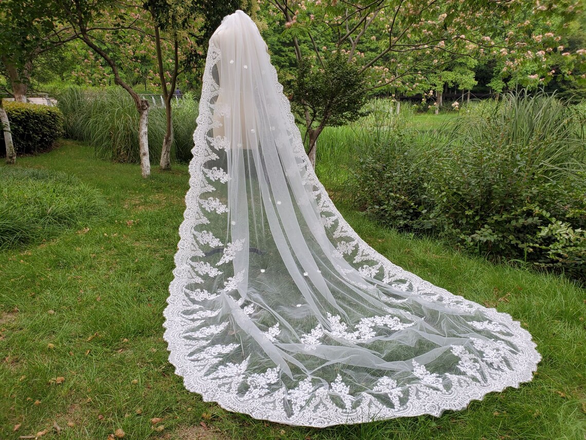 Luxury Lace Veil Ivory Wedding Lace Embellished Veil Bridal Lace Veil ...
