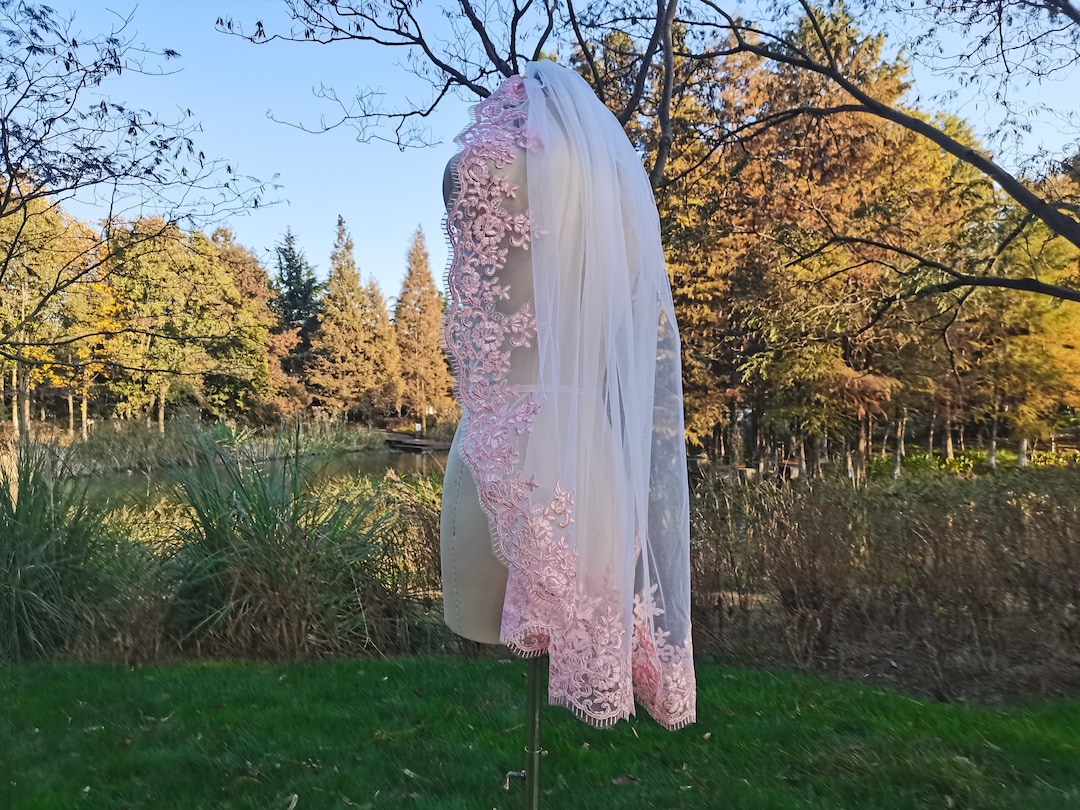 Pink Wedding Veil Elbow Veil Lace Veil Bridal Veil White Ivory Black ...