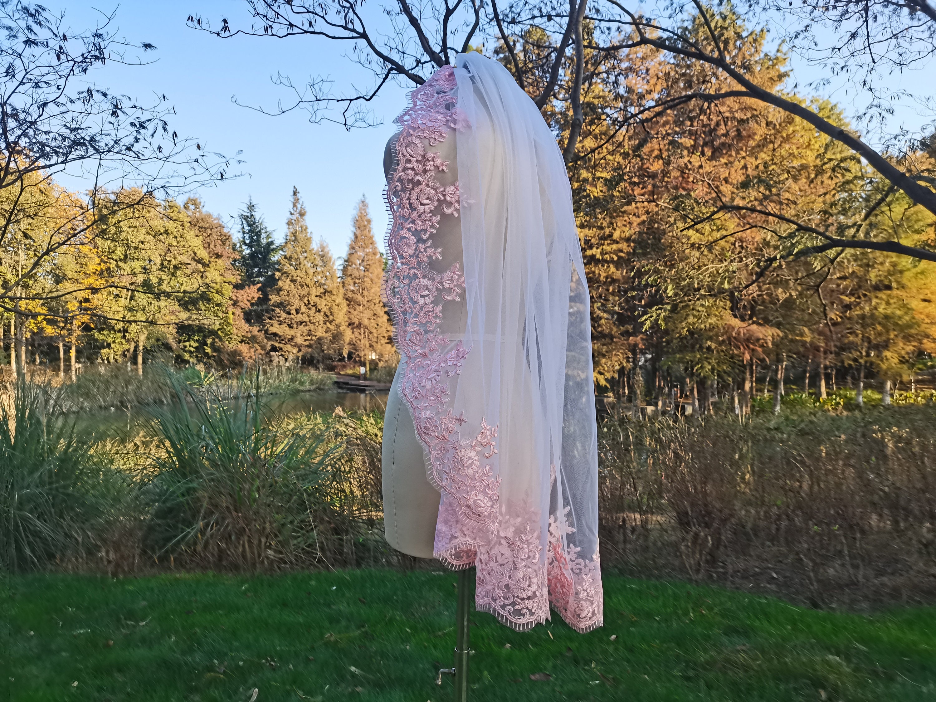 Pink Wedding Veil Elbow Veil Lace Veil Bridal Veil White Ivory | Etsy