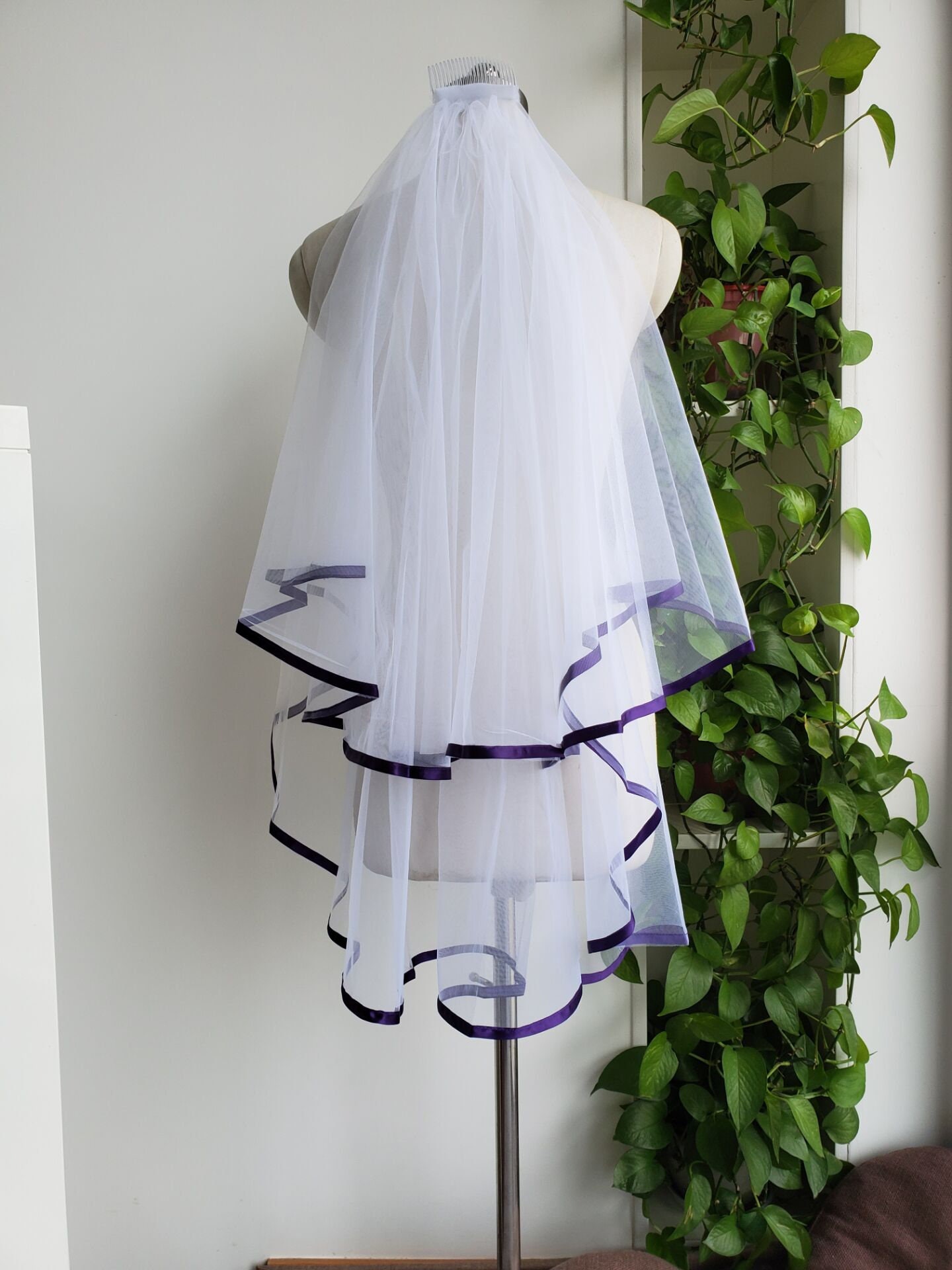 Two-layer purple ribbon bridal veils Quality soft net bride | Etsy