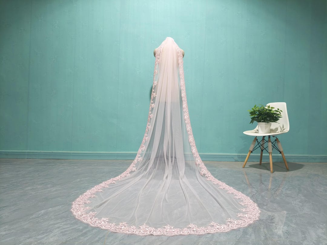 Elegant Bride Lace Veil, Cathedral Length Pink Lace Veil, Single Layer ...