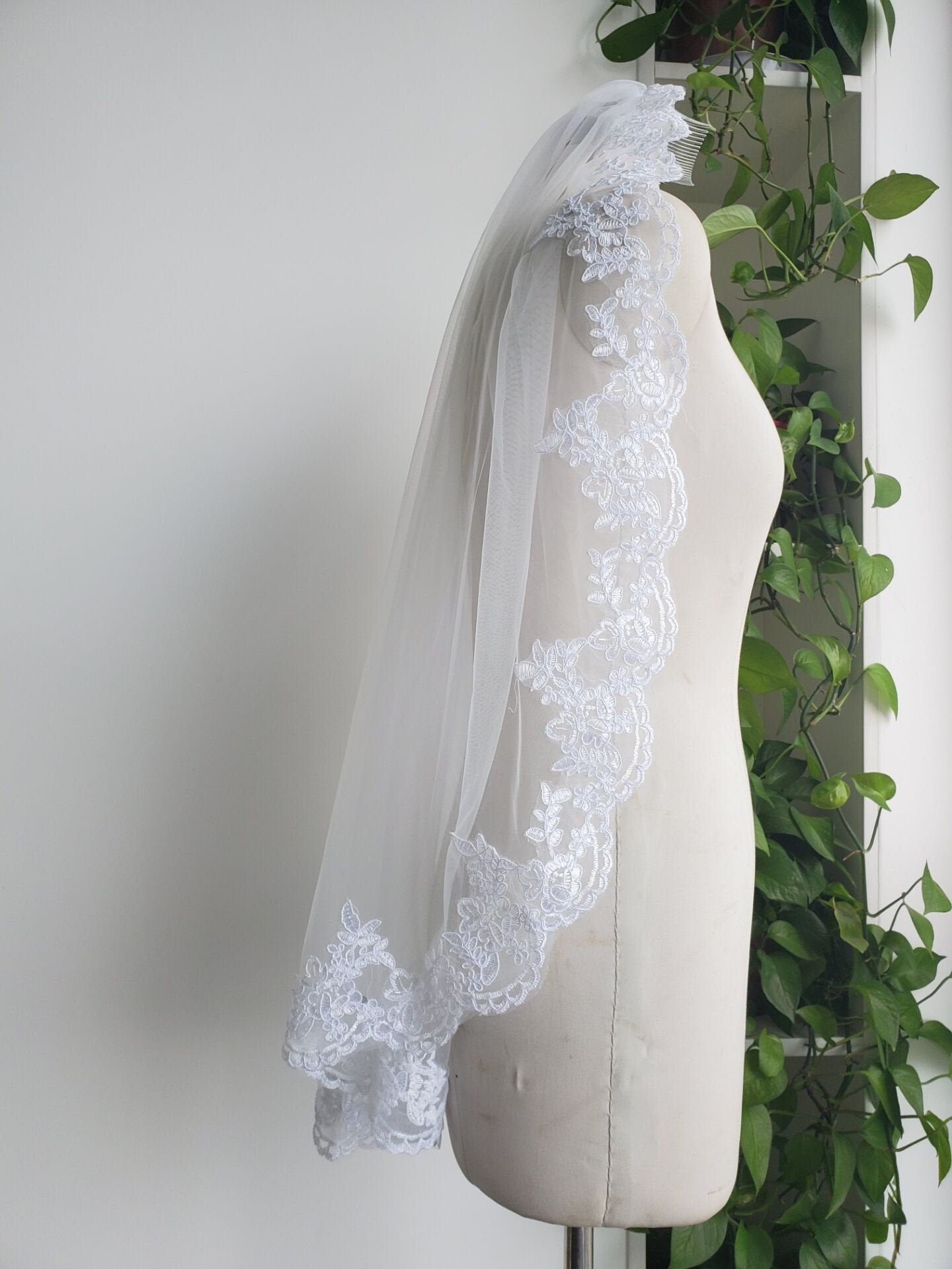 Custom Bride Veil White or Ivory 1T Lace Veil Wedding Lace Veils &comb ...