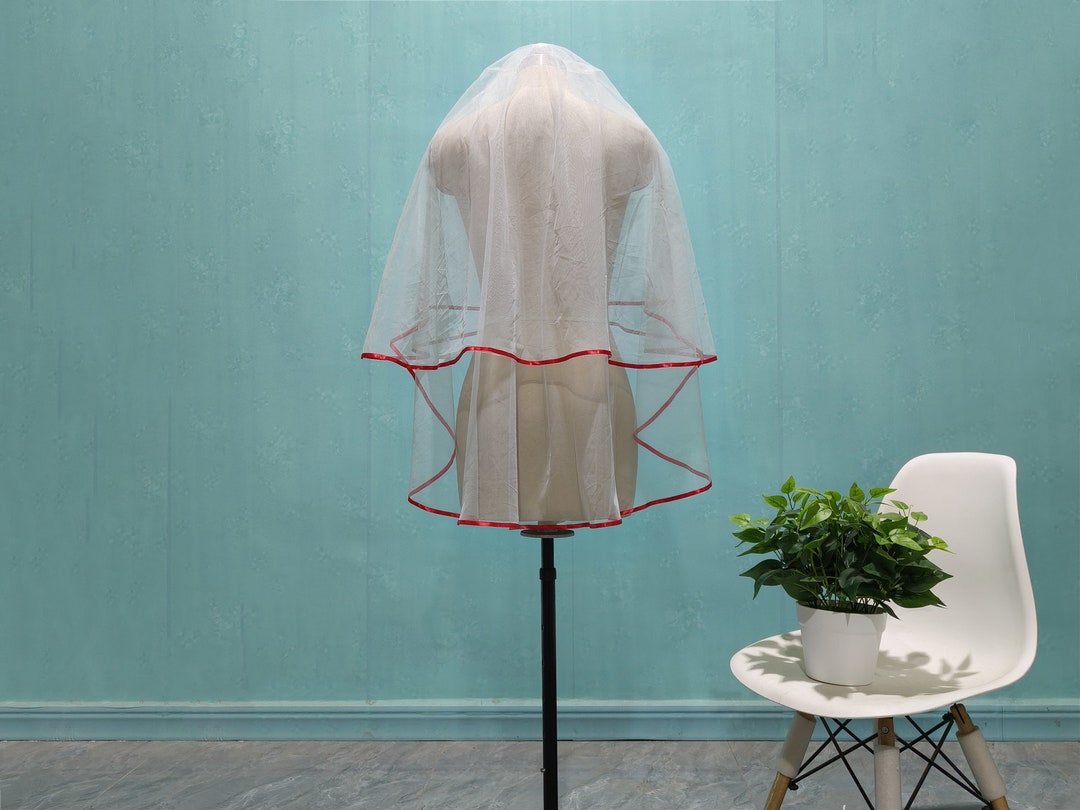 Two Layers Red Ribbon Edge Tulle Veil, Fashion Wedding Tulle Short Veil ...