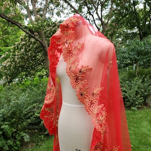 Red Sequins Lace Veil /bridal Wedding Veil /gold Lace Trim Veil ...