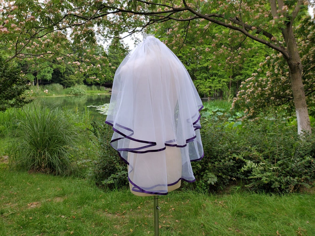 Fingertip Length Veil/ Purple Ribbon Bridal Veils/quality Soft Net ...