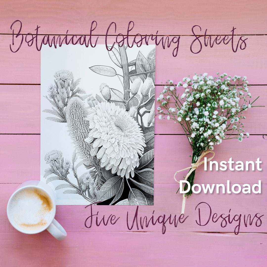 5 Botanical Adult Coloring Sheets, Printable Instant Download, Digital ...