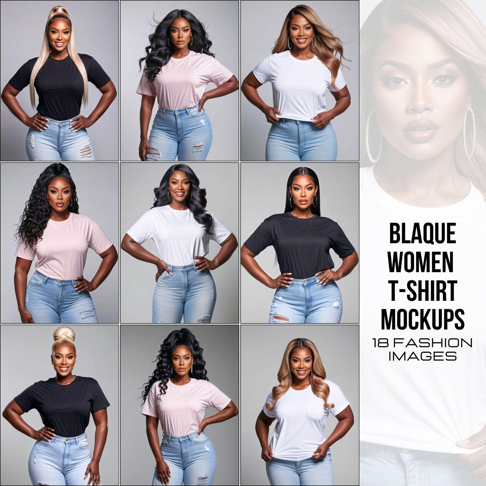 Plus Size T-shirt Mockup Set: Curvy Black Women Models (digital ...