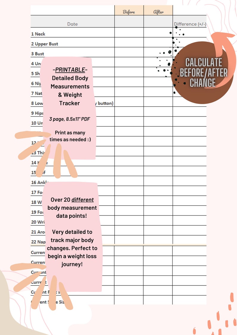 Detailed Body Measurements & Weight Tracker Journal Prompts/ - Etsy