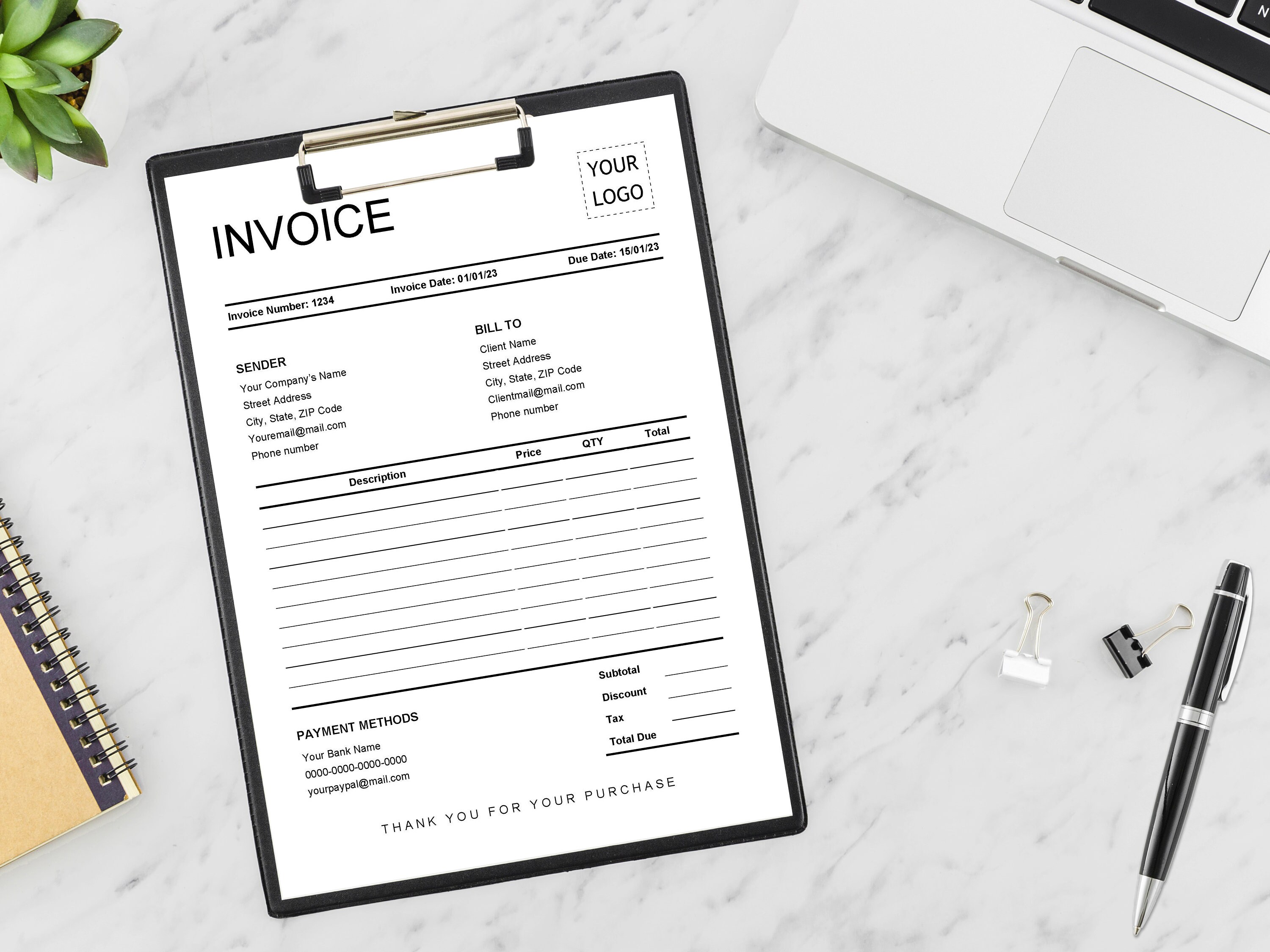Fully Editable Microsoft Word Invoice Template; Printable Fillable ...