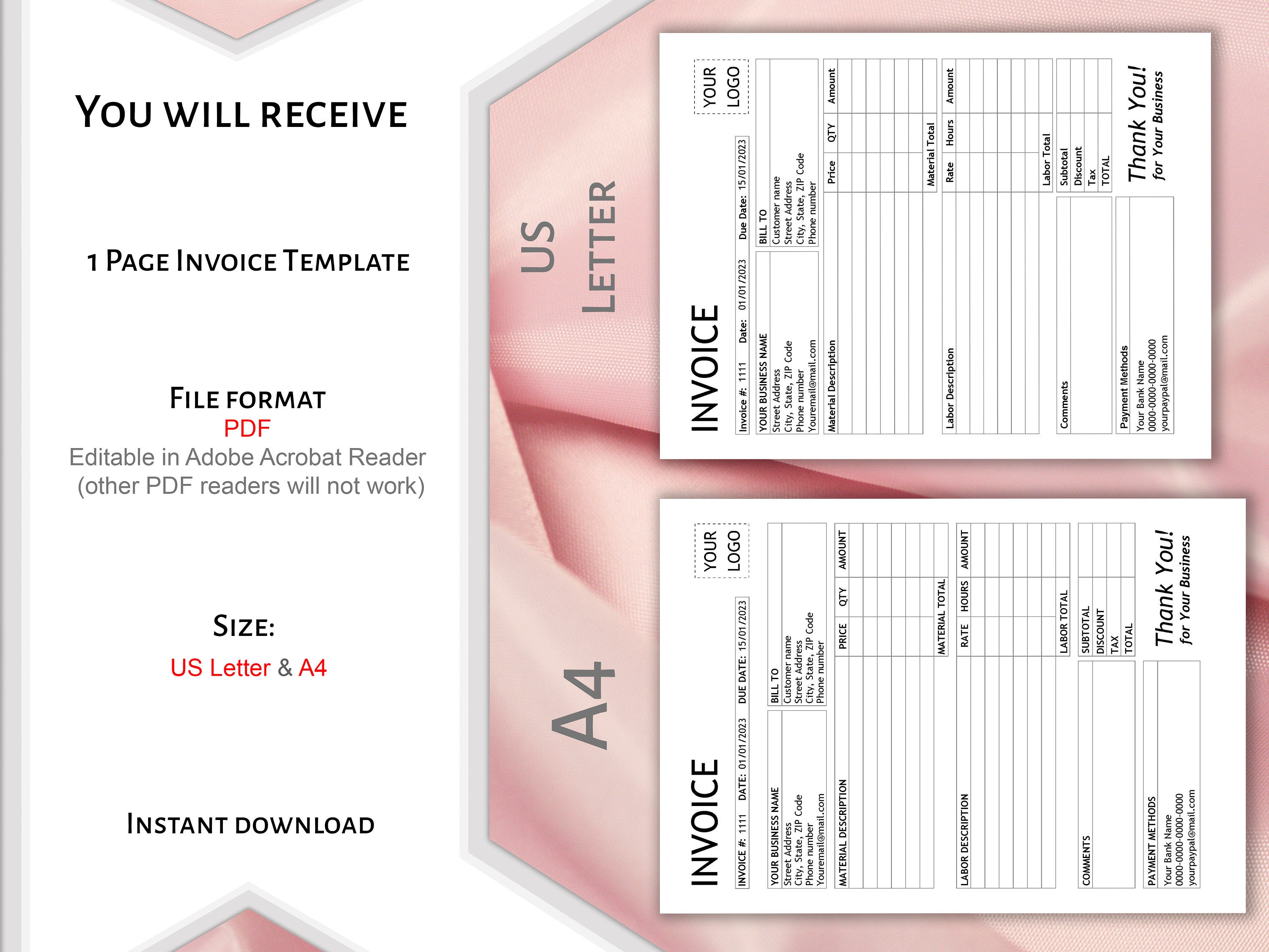 Editable PDF Service Invoice With Material and Labor - Etsy