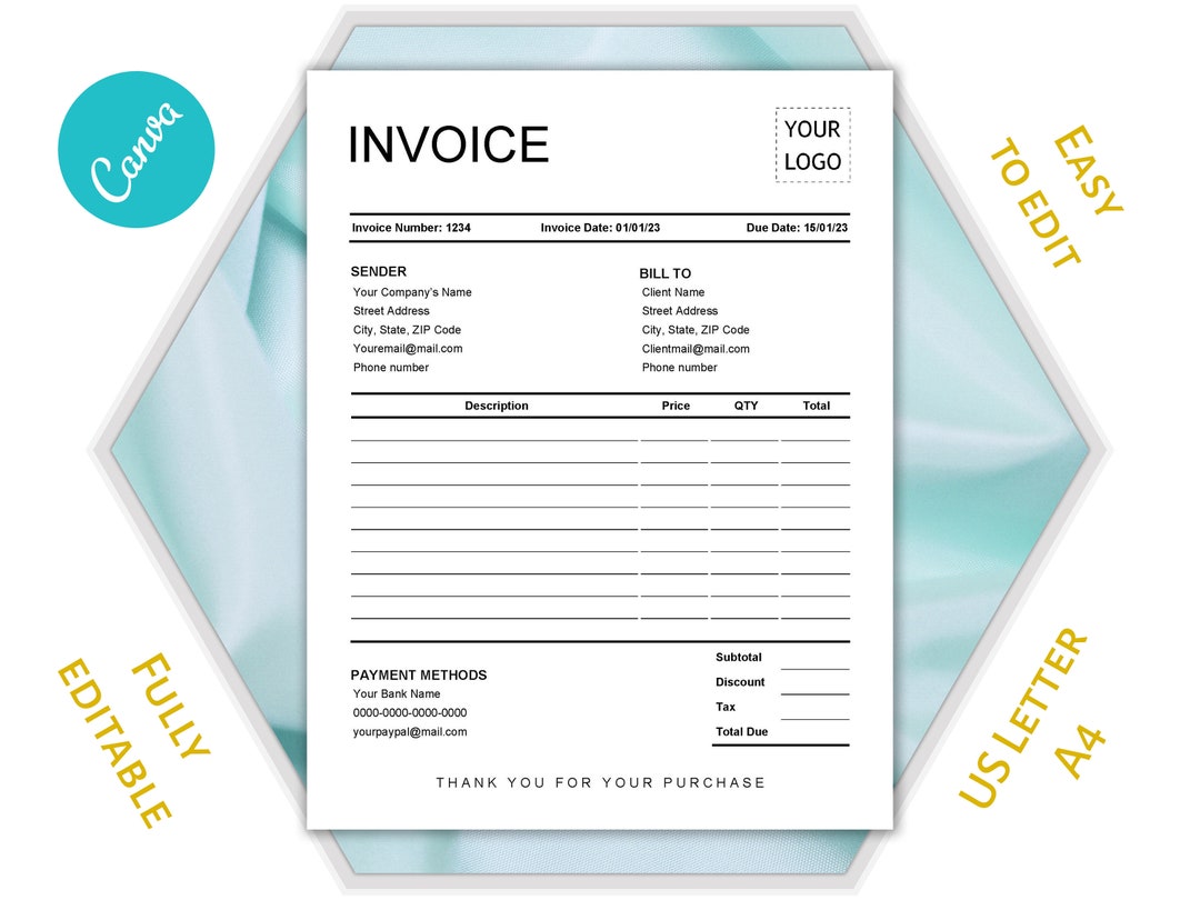 Editable Canva Invoice Template for Download Fillable & - Etsy