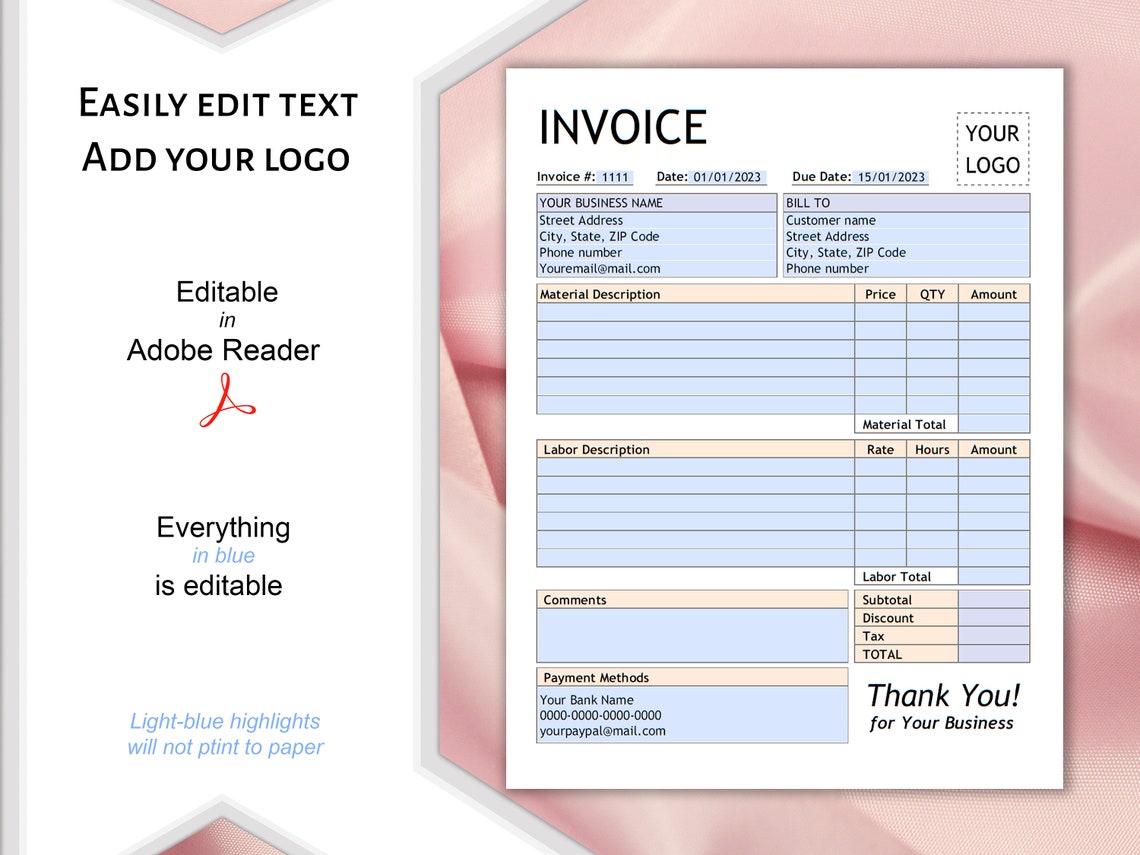 PDF Invoice Template for Adobe Acrobat Reader Fillable PDF Form With ...